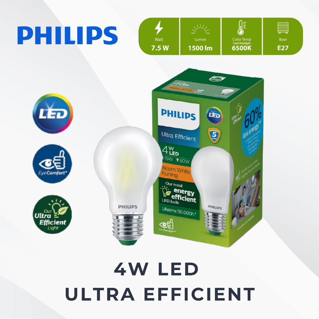PHILIPS Ultra Efficient 4W E27 LED Bulb Cool Daylight Energy Efficient | Shopee Malaysia