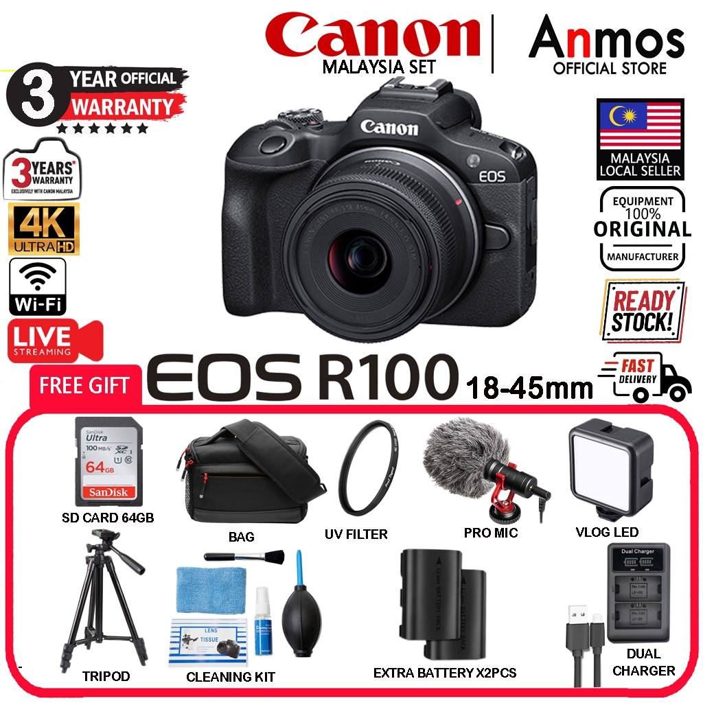 Canon EOS R100 Mirrorless Camera Body with RF-S 18-45mm Lens VLOG SET ...