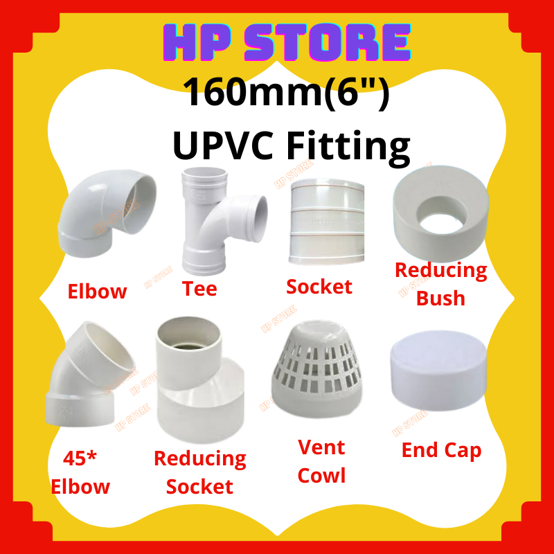 160mm UPVC Hydroponic Fitting Paip PVC Putih Elbow Socket Tee UPVC End ...
