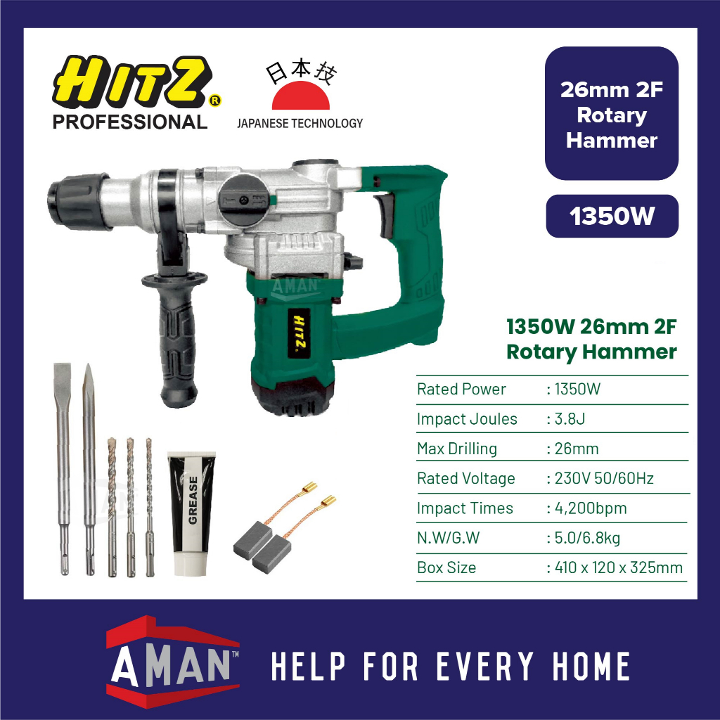 HITZ 1350W Rotary Hammer 2 Mode Chiseling Drilling Hammer Drill Gerudi ...