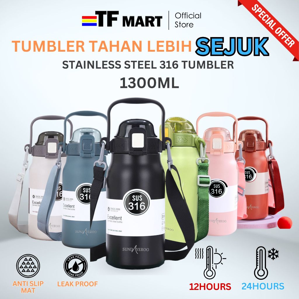 SUNDAYEROO Tumbler Botol Air Tahan Sejuk Hingga 24Jam 1300ML Stainless Steel 316 Anti Leaking ...