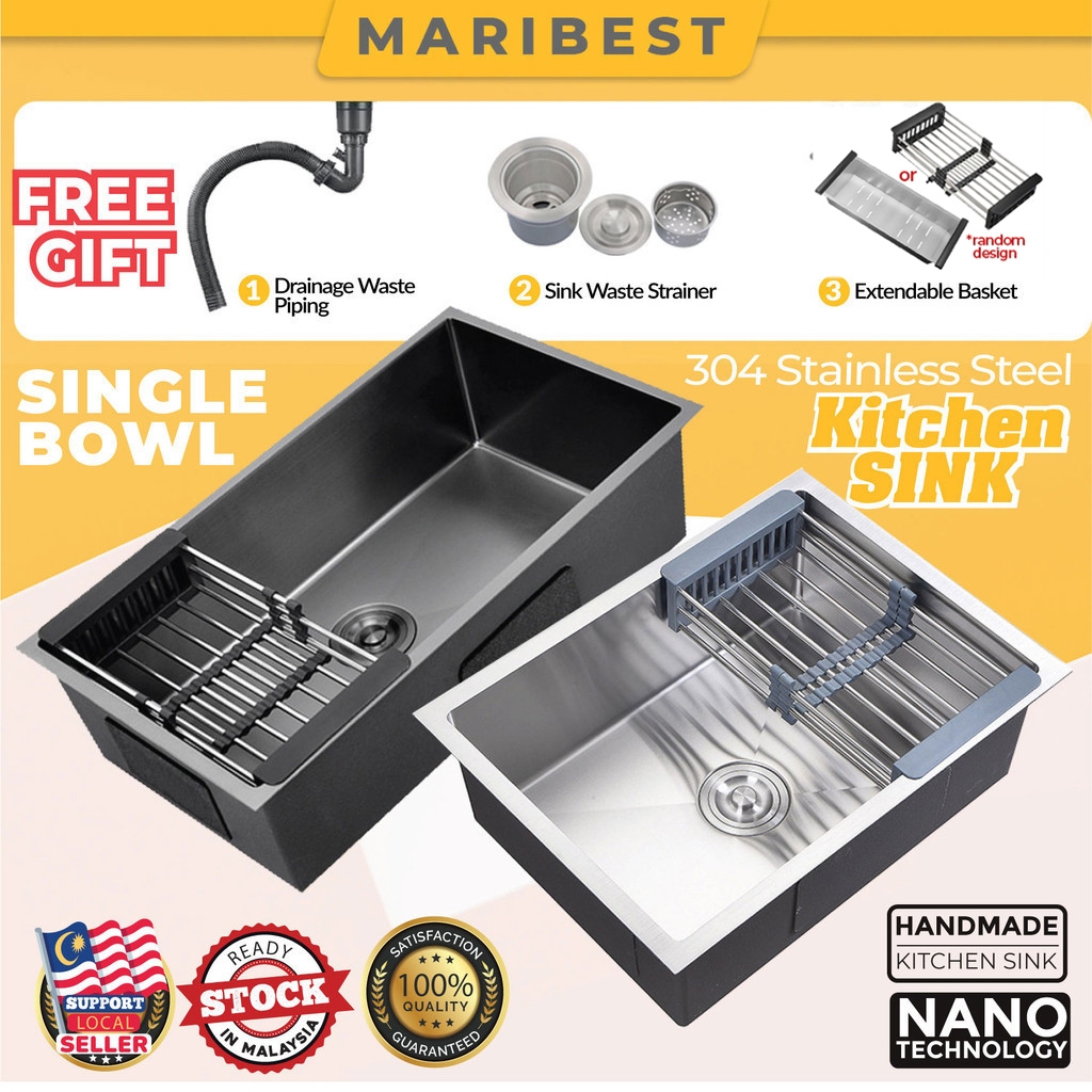 Single Sink SUS 304 Stainless Steel Home Kitchen Sink Sinki Dapur Nano ...
