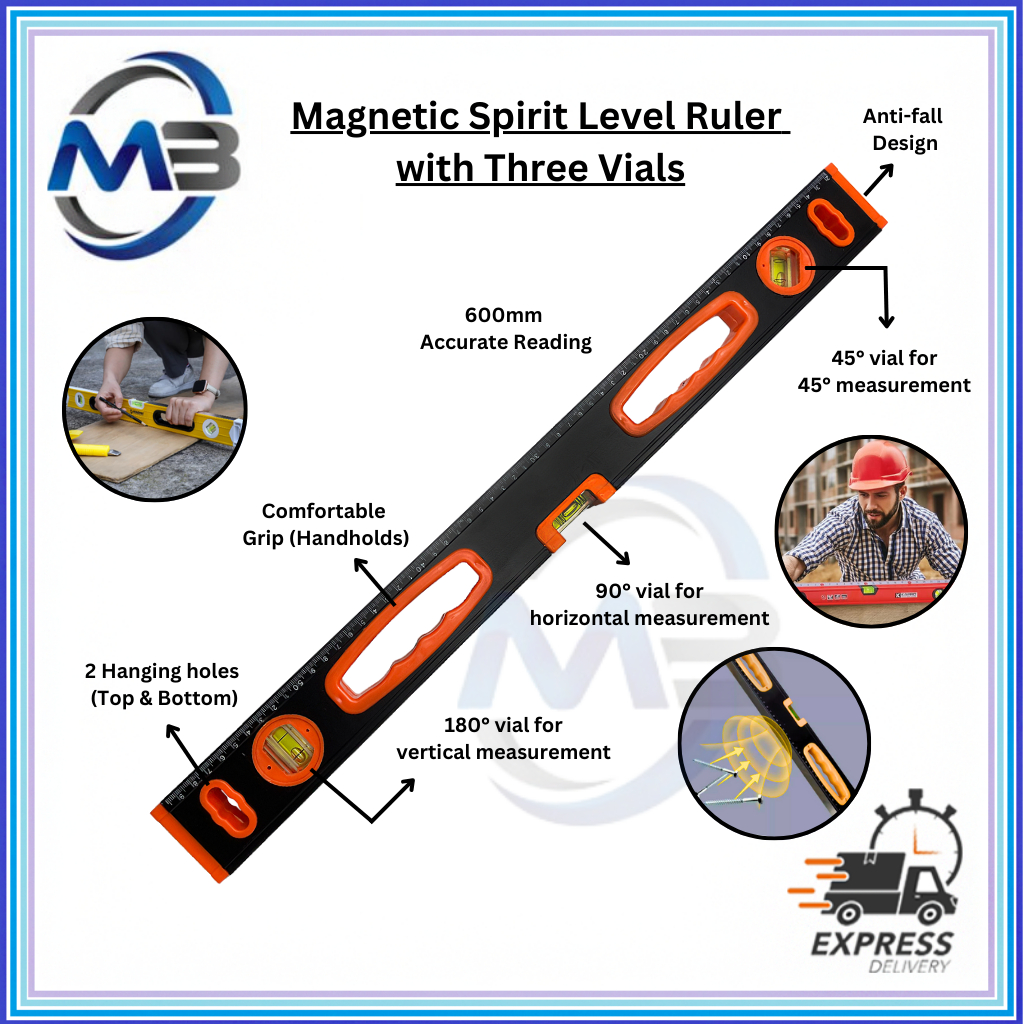 Spirit Level Ruler 3 Vials 60cm 24" Magnetic Measuring Ruler Measuring ...