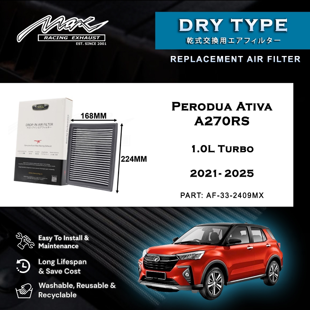 Perodua Ativa A270RS 1.0L Turbo 2021 to 2025 33-2409MX Max Racing ...