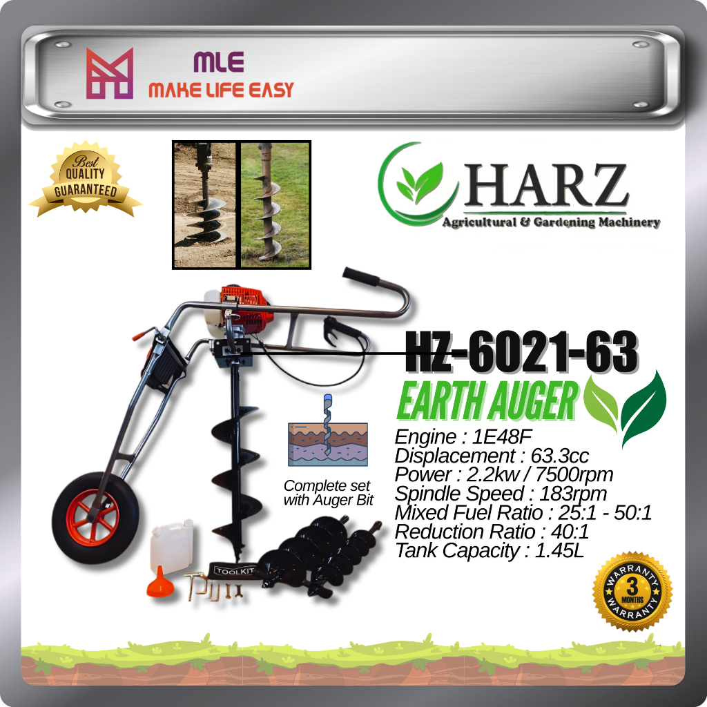 HARZ Earth Auger Machine With Auger Trolley Wheel / Mesin Drill Tanah ...