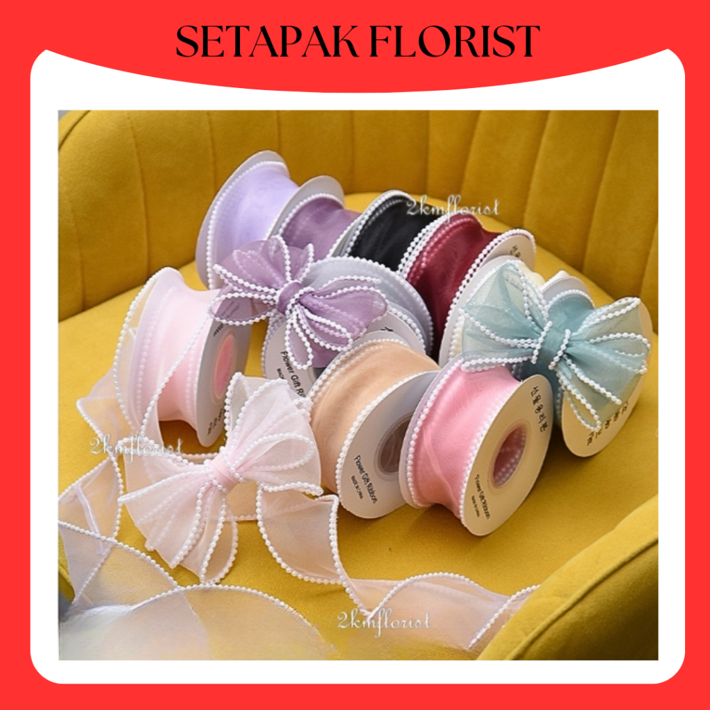 (4.5M) 4CM PEARL RIBBON Reben Riben Gift Satin fish tail Organza Flower ...