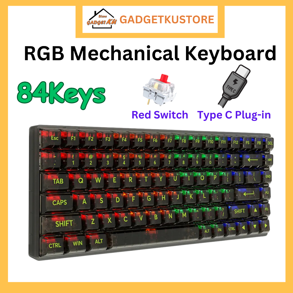 84Keys RGB Transparent Keyboard Mechanical Red Switch Keycap Wired Type ...