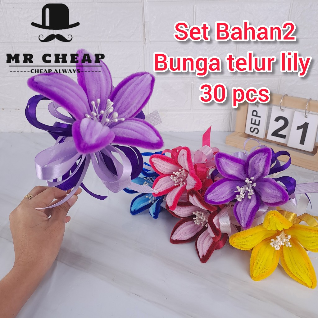 SET BAHAN2 BUNGA TELUR LILY DUA WARNA 30PCS / BAHAN COMPLETE / CHENILLE ...