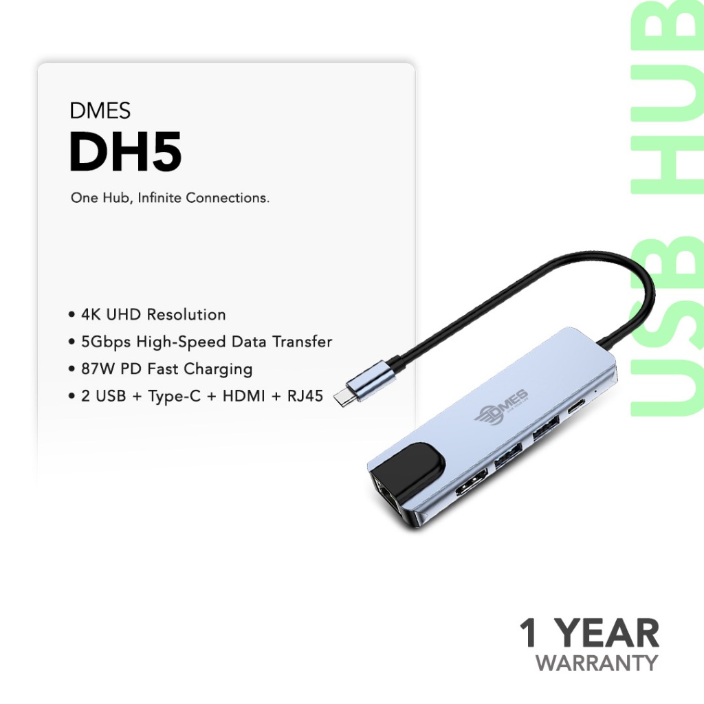 Dmes DH5 USB C Docking Station 5-in-1 Adapter with 4K HDMI RJ45 PD 87W USB 3.0 Hub for Laptop ...