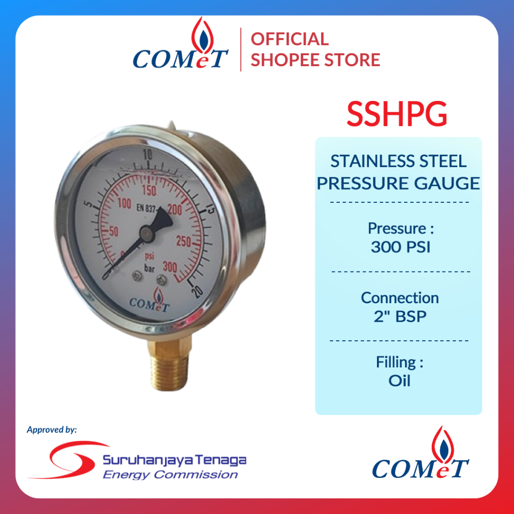 COMET STAINLESS STEEL High Pressure Gauge (PSI / Bar Reading) | 300 PSI ...