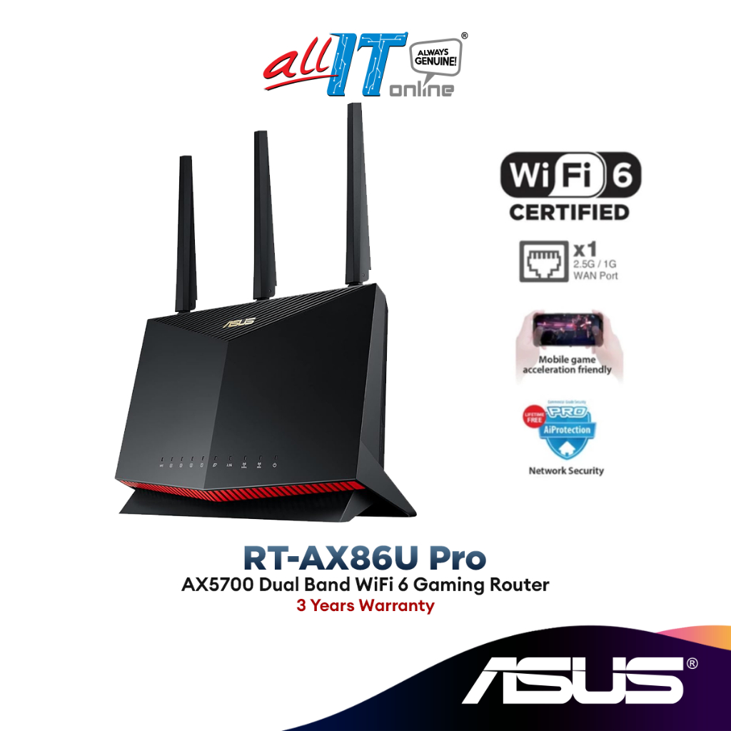 ASUS RT-AX86U Pro WiFi 6 AX5700 Wireless Router Dual Band AiProtection Pro Security Extendable ...