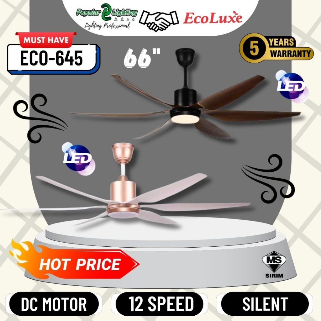 ECOLUXE ECO-645 66" DC Motor Ceiling Fan with LED Light 6 Speeds Remote ...