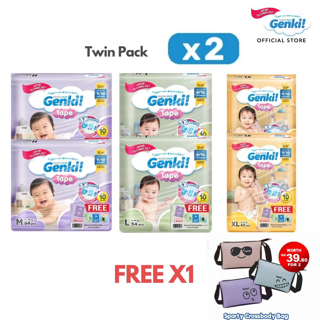[TWIN PACK] Genki! Tape Mega Diapers Baby Twin Pack (M64/L54/XL42) (x2 ...