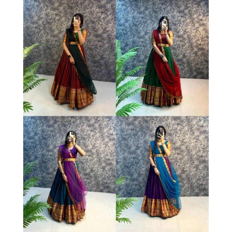 Readymade Traditional 2 in 1 Gown Lehenga Pavadai Thavani Dupatta ...