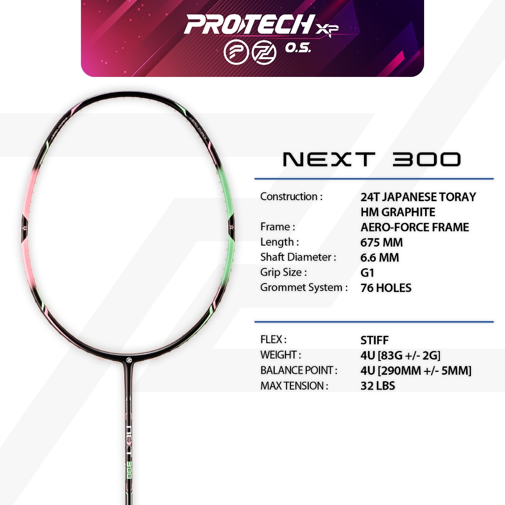 PROTECH Badminton Racket - Next 300 (4U) (MAX 32LBS) (FREE String + Grip + 1 Zips Bag) | Shopee ...