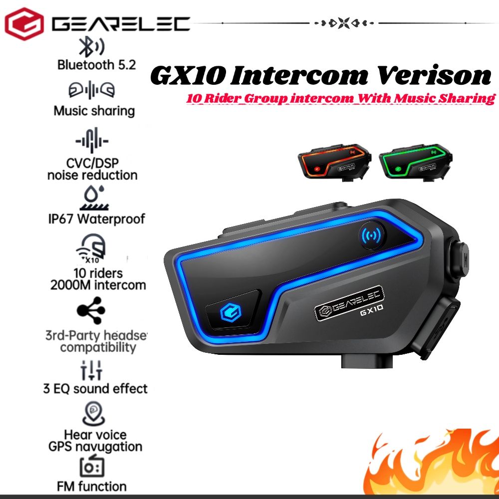 GEARELEC GX10 Motorcycle Intercom Helmet Headset for 2-10 Riders IP67 ...