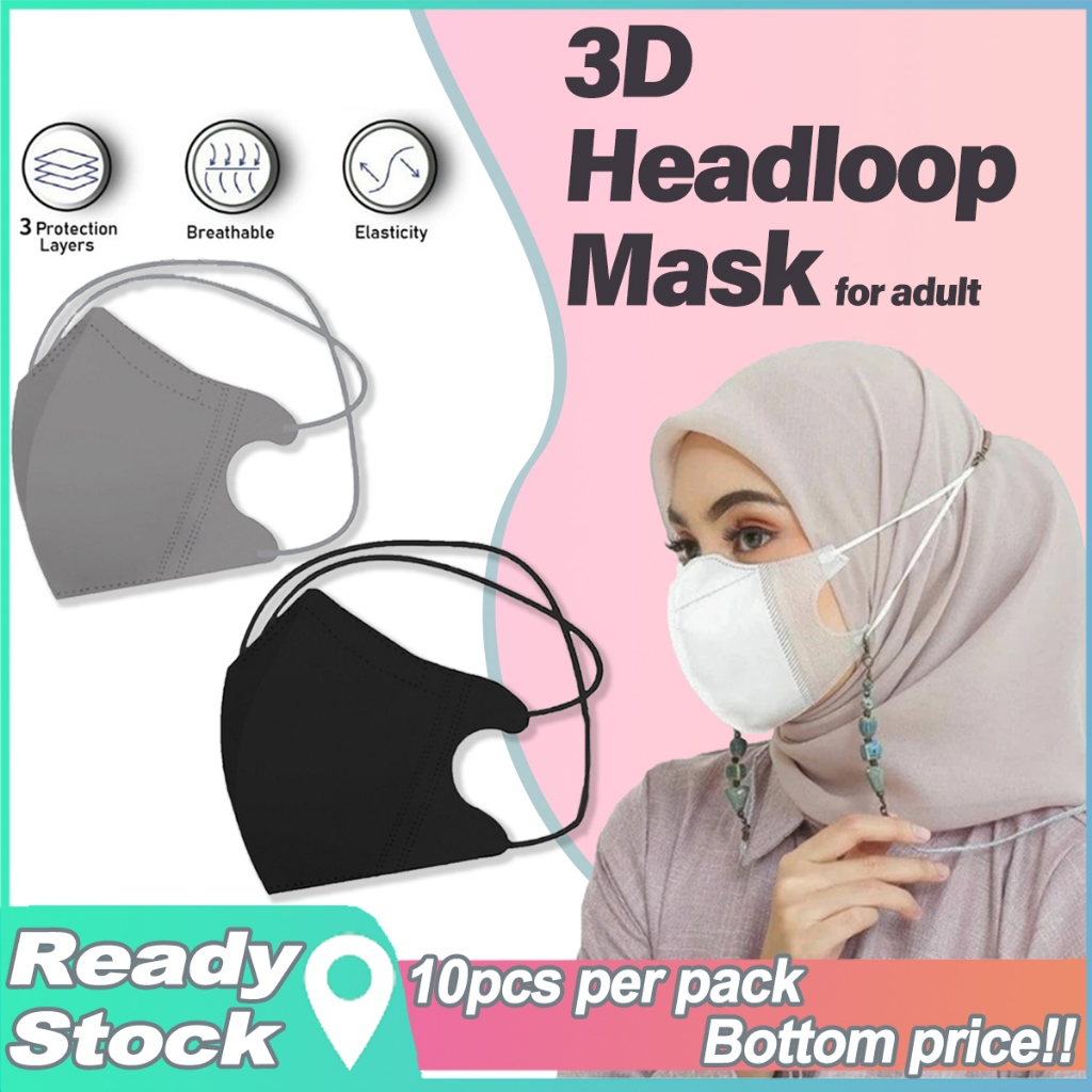 10pcs/pack Adult Mask Headloop Hijab Earloop 3D Muslim Hitam Facemask ...