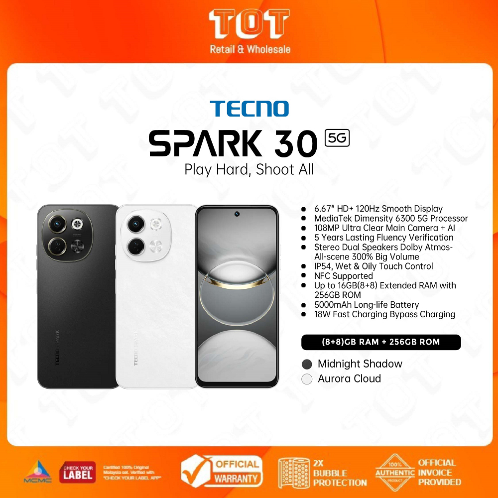 TECNO Spark 30 5G (6+128GB/8+256GB) 120hz l 6.67" HD+ Hole Screen l 108MP Triple Rear Camera l ...