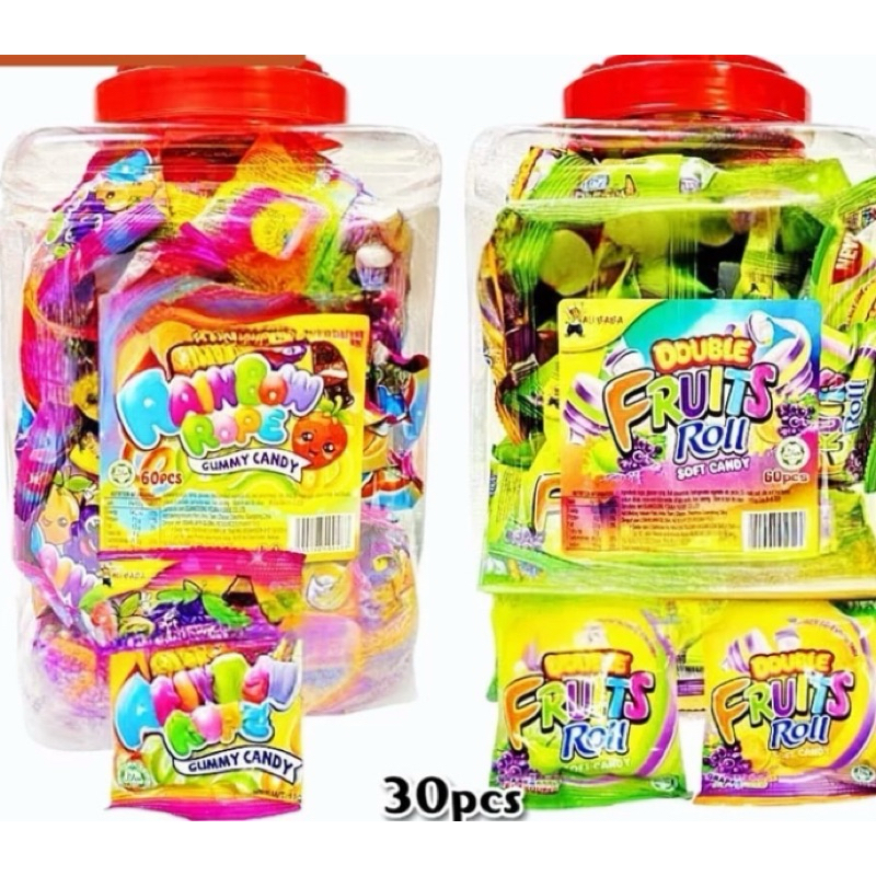 Double Fruits Roll Soft Candy / Rainbow Rope Gummy Candy HALAL 60pcs ...