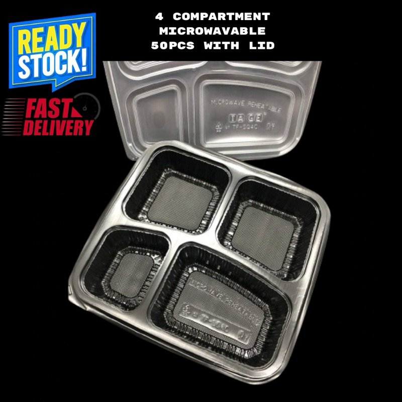 [50pcs] 4 COMPARTMENT MICROWAVABLE BOX WITH LID / Food Container ...