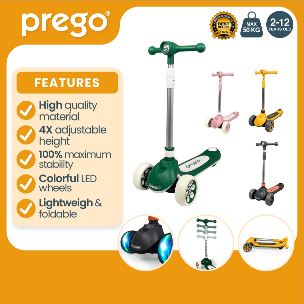 Prego Baby DREAM Folding Adjustable Scooter Kids Skuter Budakk with LED ...