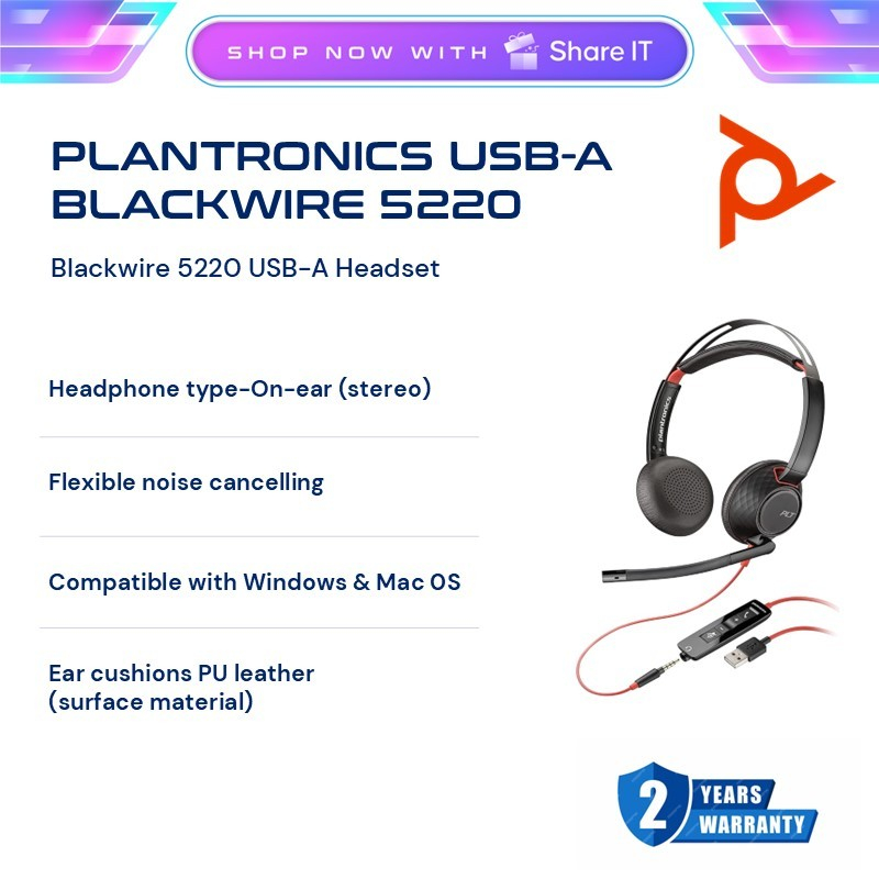 Plantronics Blackwire 5220 USB-A Headset Noise Cancelling 20Hz to 20KHz ...