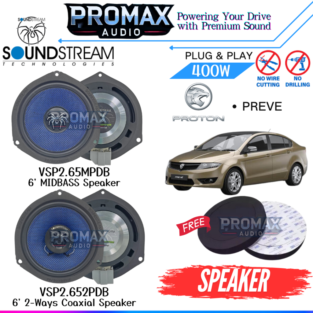 PROTON PREVE | SOUNDSTREAM VSP2 Blue Series 400W Plug & Play MIDBASS ...