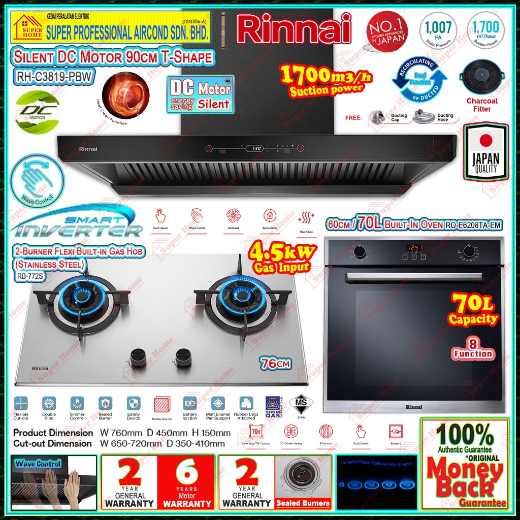 Rinnai Chimney Hood RH-C3819-PBW DC Motor / Rinnai Gas Hob RB-772S (S.Steel) / Rinnai Built-In ...