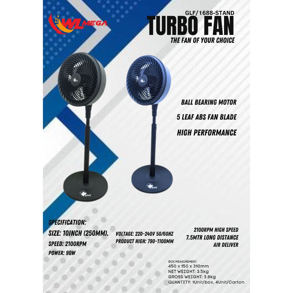 GELOOF 10" TURBO STAND/WALL FAN 90W ADJUSTABLE | KIPAS BERDIRI | TABLE ...
