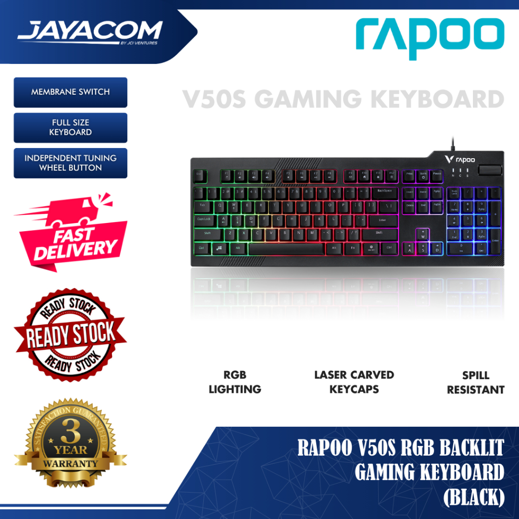 Rapoo V50S RGB Backlit Gaming Keyboard – Black (104-Keys / RGB Lighting / Spill Resistant ...