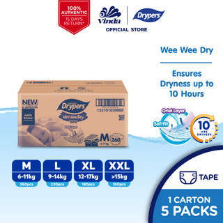 Drypers Wee Wee Dry Baby Diapers M52/ L44/ XL36/ XXL32s (5 Packs ...