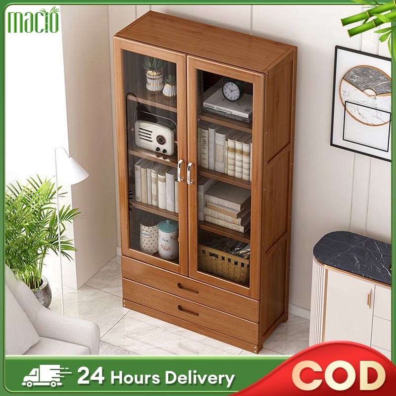 Bamboo Bookshelf With Door And Drawer Multi Functional Storage Cabinet ...
