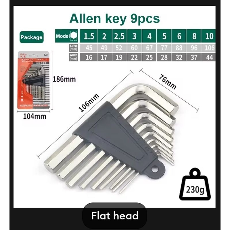 9pcs Allen Key Wrench Set L Shape AllenKey Heavy Duty Flat Head ...