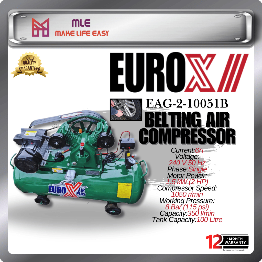 EUROX AIR PLUS 2HP 100Litre 8Bar/115psi Belting Air Compressor 100% Pure Cooper - 1 Year ...