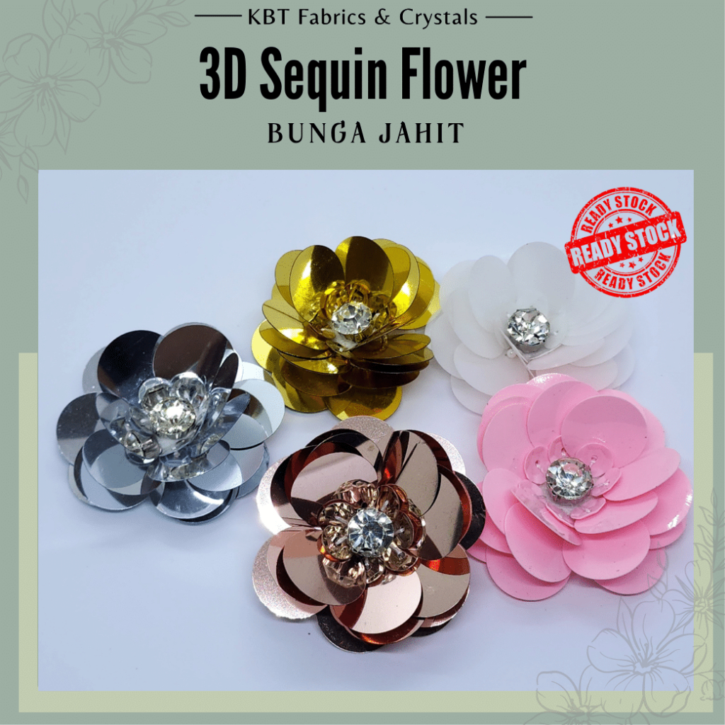 [1pcs] 3D Sew on Flower Bunga Sequin Jahit Exclusive Handmade for ...