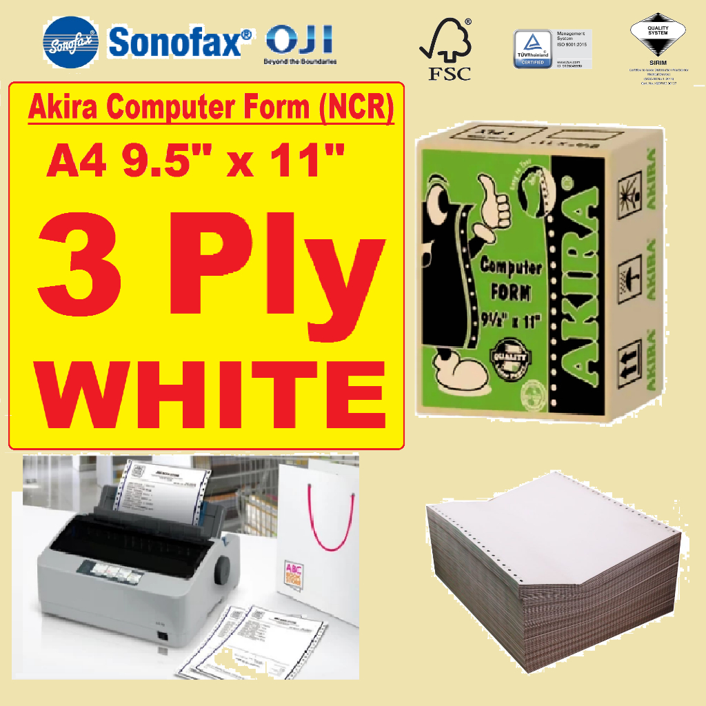 Sonoform Akira A4 9.5" x 11" Computer Form 3ply White for Dot Matrix ...