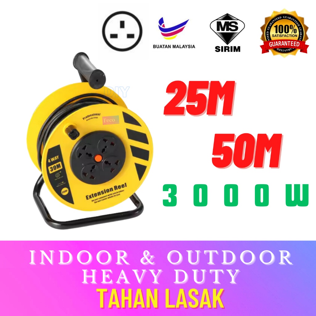 4 Gang Extension Cable Reel Plug Socket Wire Heavy Duty Extension Cord ...