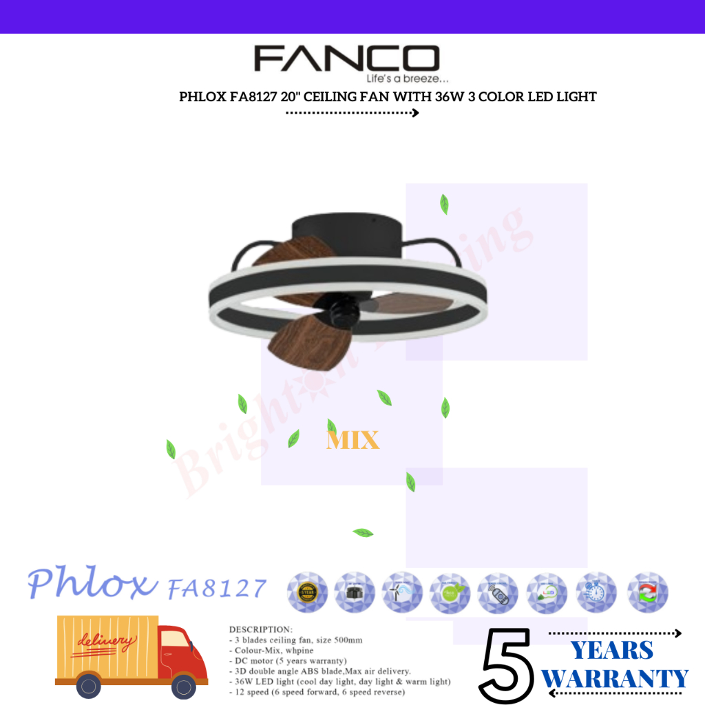 Fanco Phlox FA8127 20" Ceiling Fan With 36W 3 Color LED Light DC Motor ...