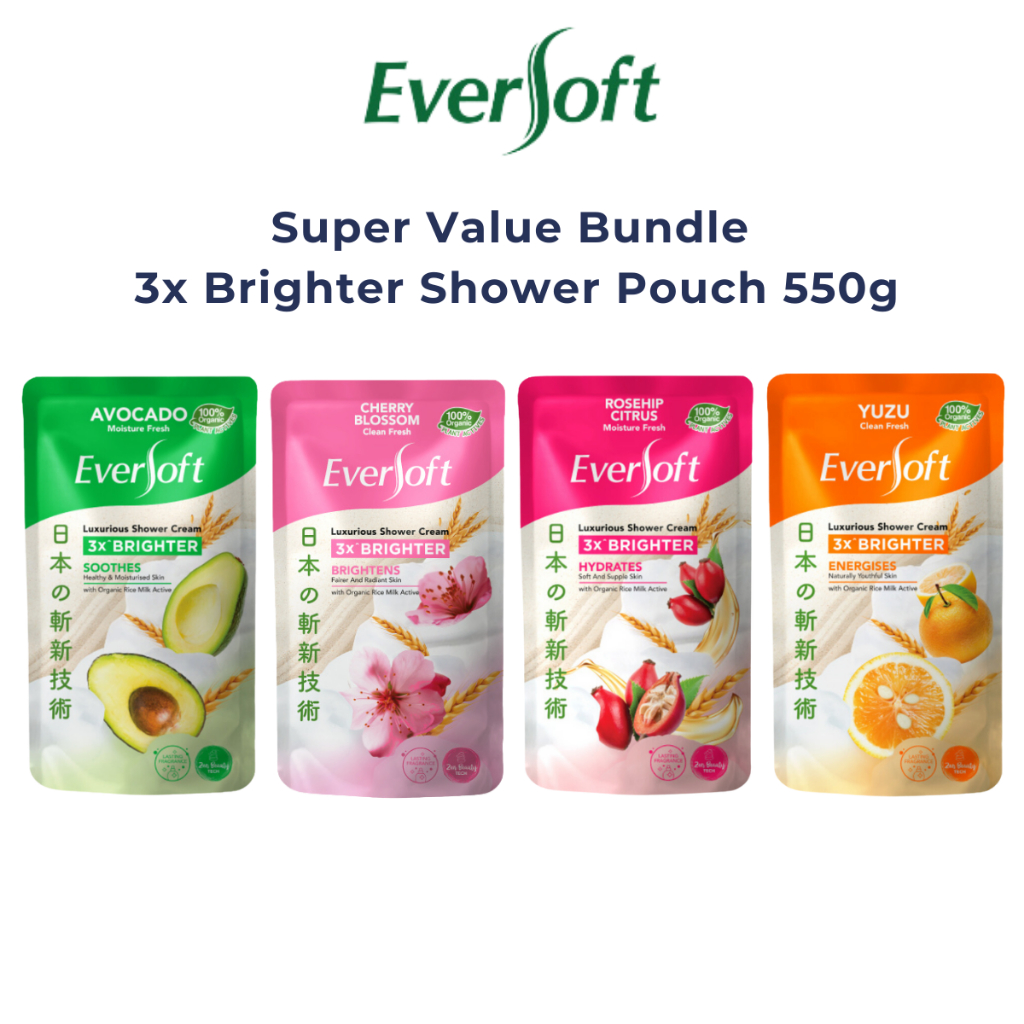 [Bundle of 3] Eversoft Shower Cream Pouch 550g | Avocado Cherry Blossom ...