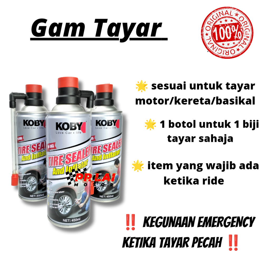 KOBY 1 BOTTLE TIRE SEALER and Inflator GAM TAYAR TUBELESS 450ML gum ...