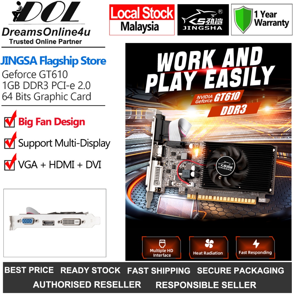 New JINGSHA nVidia Geforce GT 610 1GB DDR3 64 Bits 810Mhz Silent Fan ...