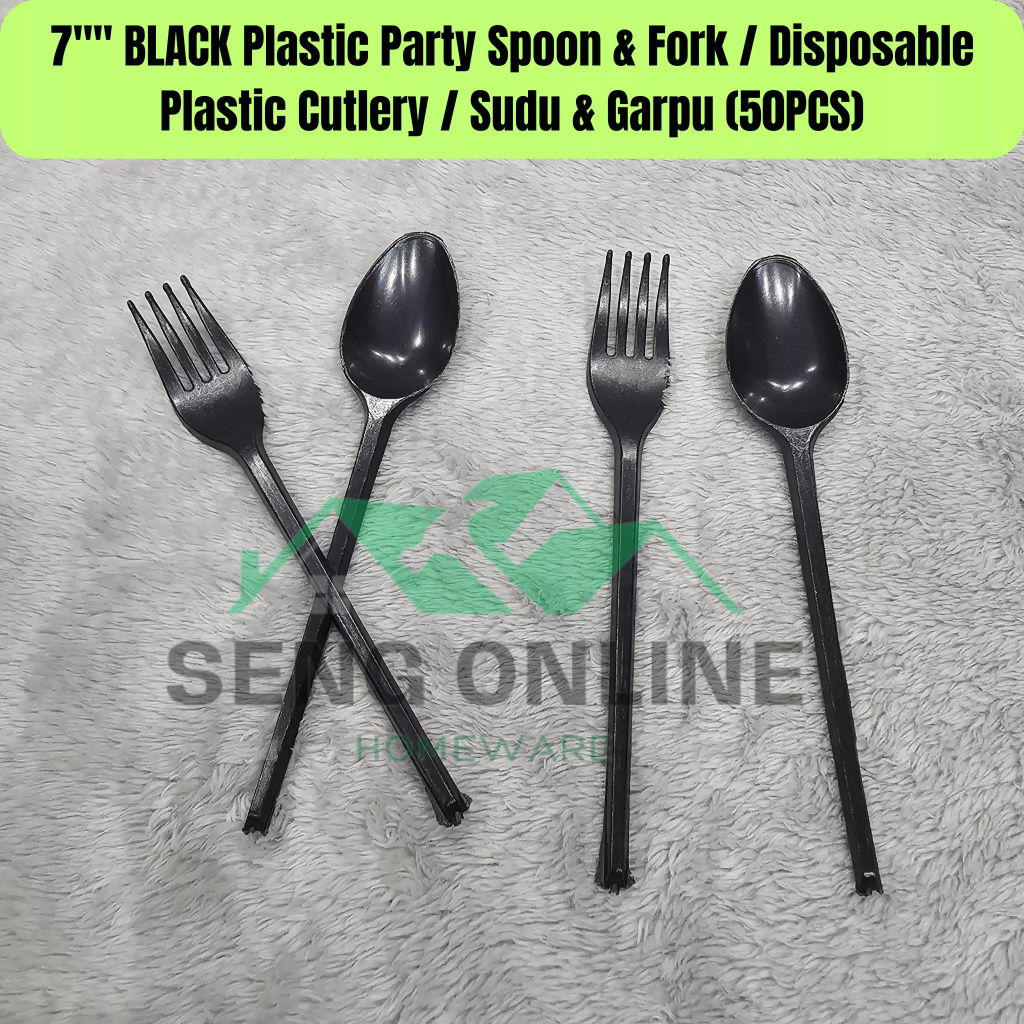 7" BLACK Plastic Party Spoon & Fork / Disposable Plastic Cutlery / Sudu ...