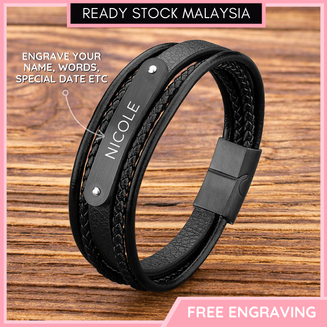 FREE ENGRAVING Titanium Leather Rope Bracelet Multi Layer Braided Men ...