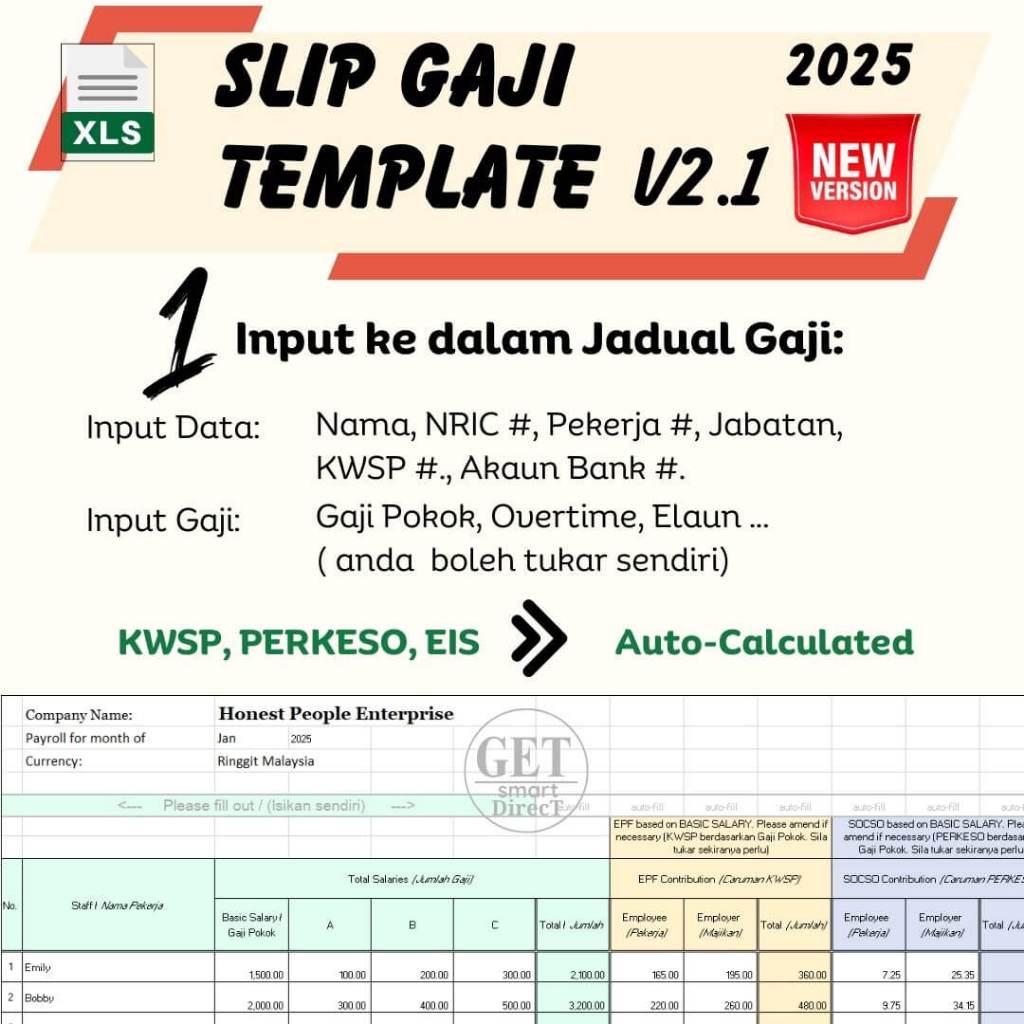 Slip Gaji Template auto-fill KWSP, PERKESO, Excel, Payroll template, Salary slip, Payslip ...
