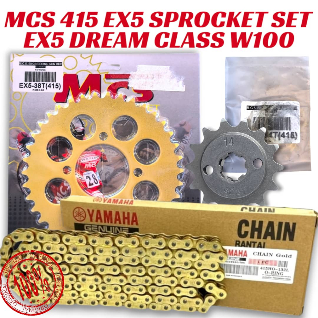 MCS 415 EX5 Sprocket Set HONDA EX5 DREAM CLASS WAVE100 MCS Sprocket & YAMAHA O-RING Gold Chain ...
