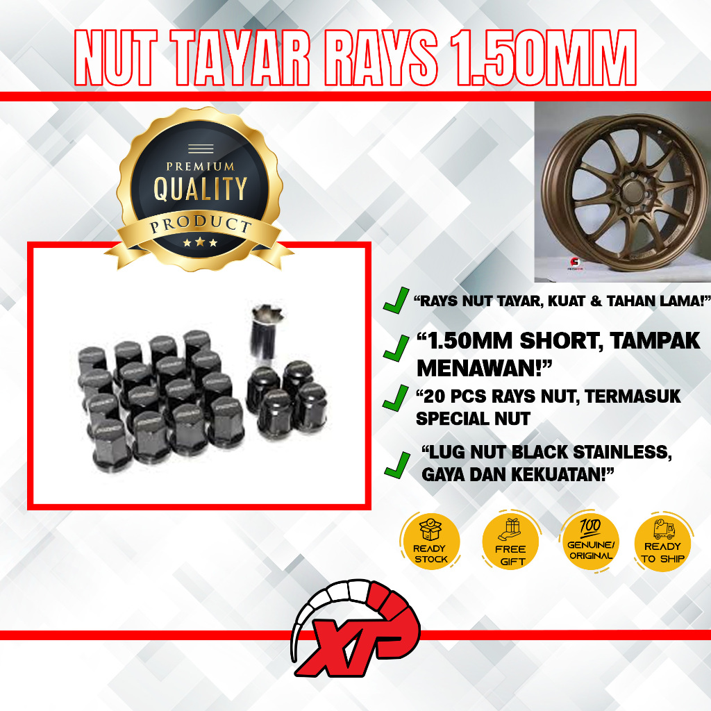 NUT TAYAR RAYS 1.50MM SHORT VERSION BLACK STAINLESS STEEL LUG NUT 20 ...