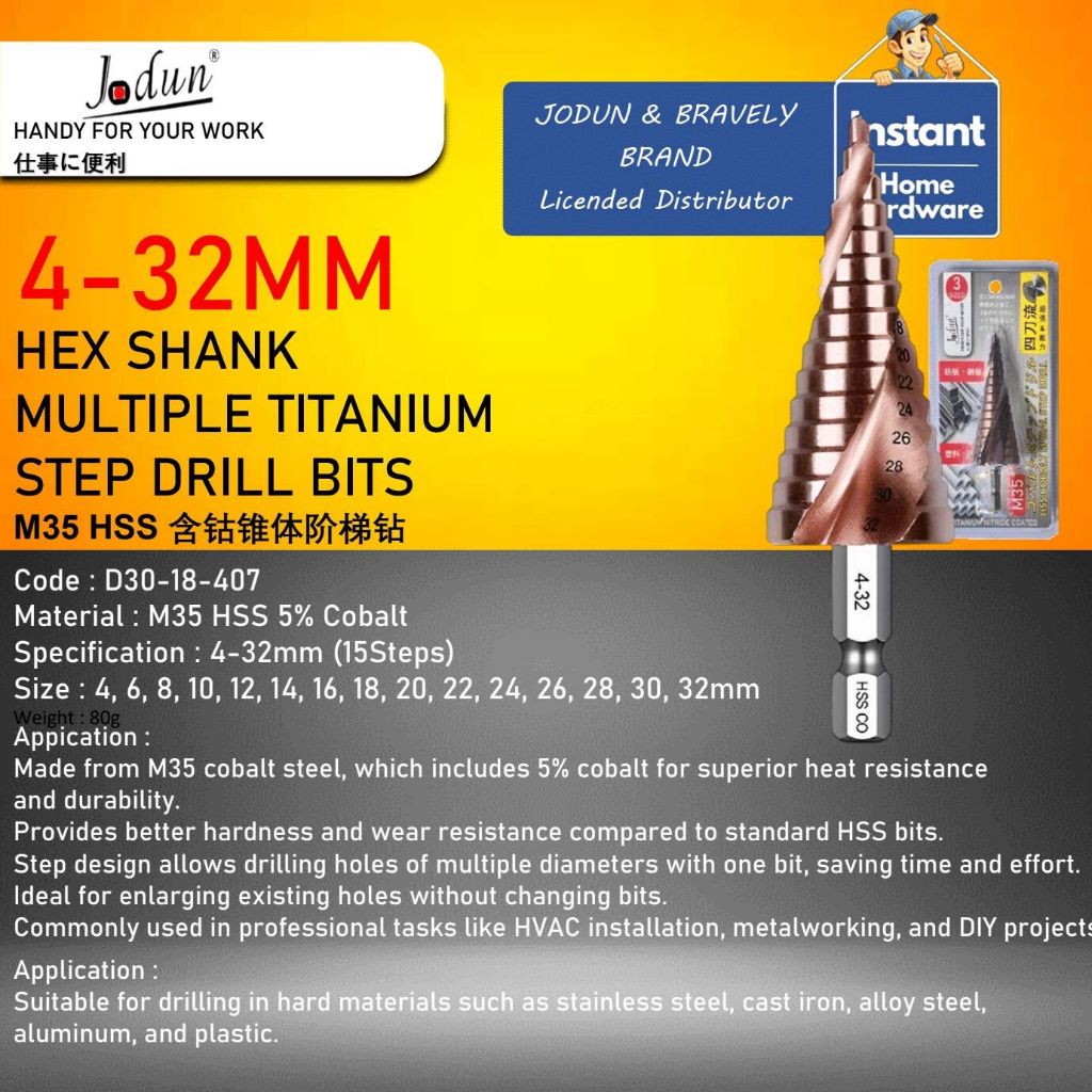 JODUN BRAND 4-32mm Hex Shank Multiple Titanium Step Drill Bits (9 Step ...