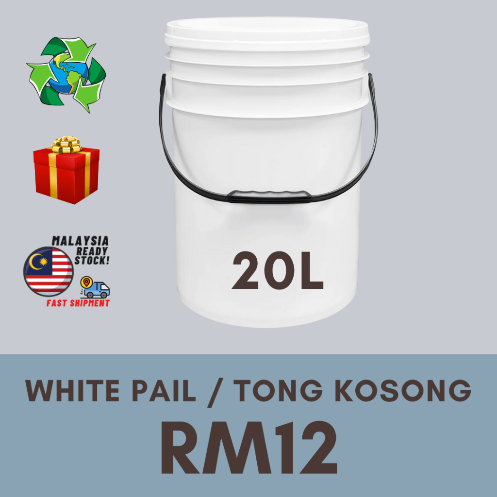 ( Used ) Tong Kosong 20L 20Kg White PP Pail with Lid HDPE Plastic ...