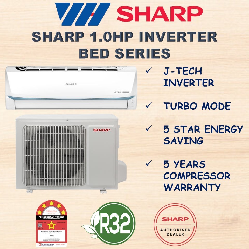 Sharp 1.0HP J-Tech Inverter AirCond (R32) with Super Jet Mode + 5 Years ...