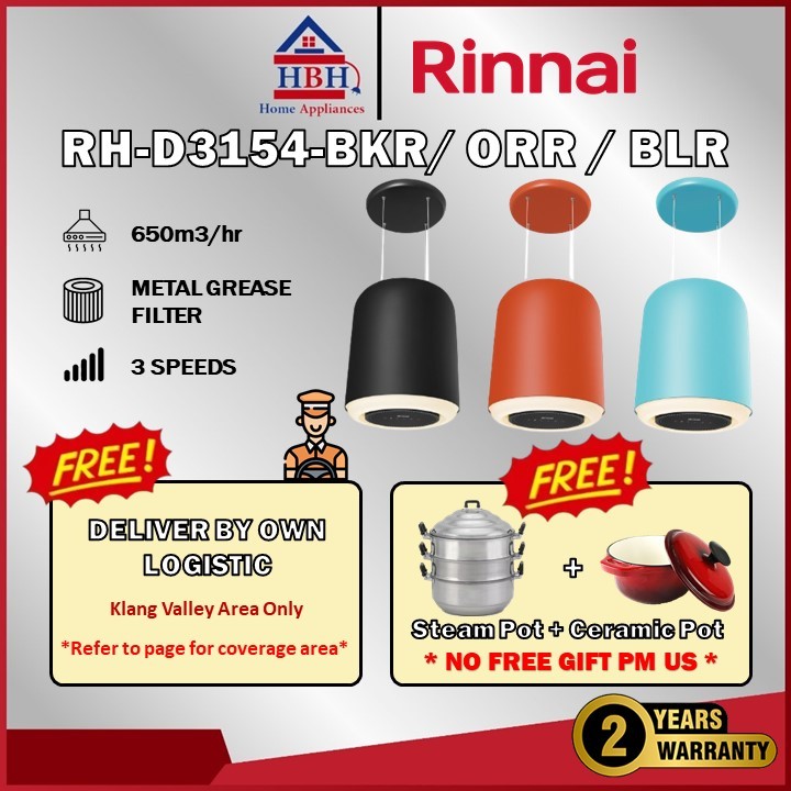 (FREE GIFT + SHIPPING) Rinnai RH-D3154-BKR/BLR/ORR 650m3/hrs 2 Speed LED Island Hood ...